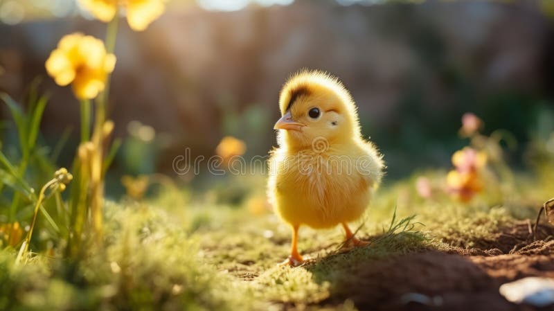 Cute Little Yellow Chicken on Green Grass. Springtime Concept Stock ...