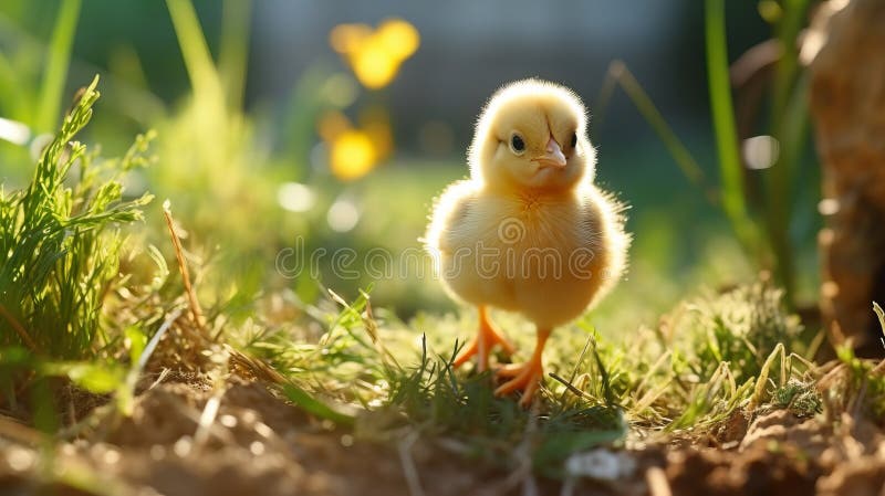 Cute Little Yellow Chicken on Green Grass in Sunny Spring Day Stock ...