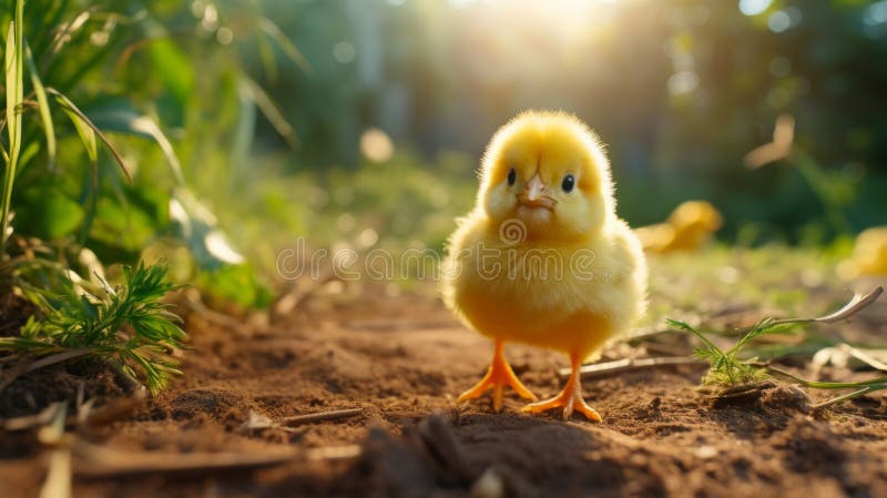 Cute Little Yellow Chicken Walking on the Ground in the Garden Stock ...