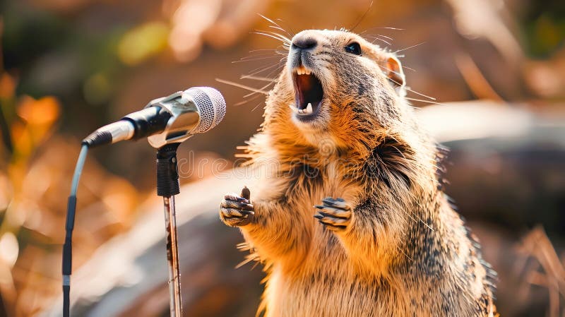 Cute and Lively Gopher Vocalizing and Singing into a Vintage Microphone ...