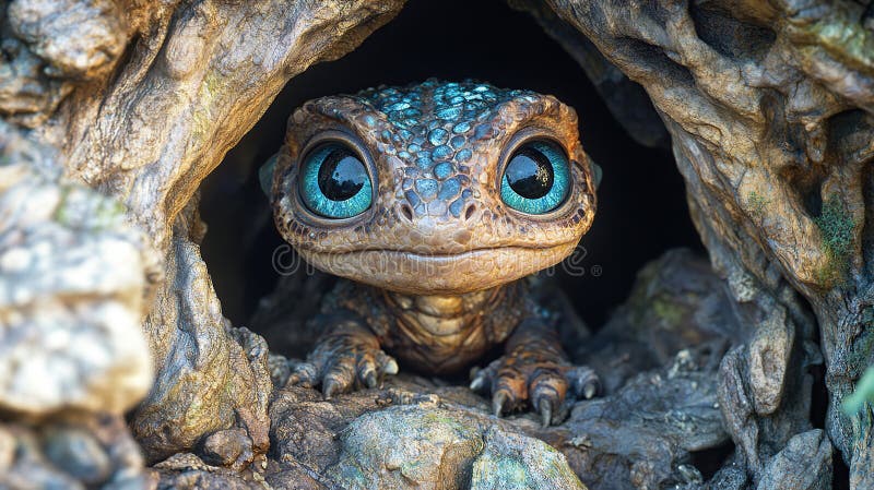 Cute Lizard Creature Peeking from a Rocky Cave Stock Illustration ...
