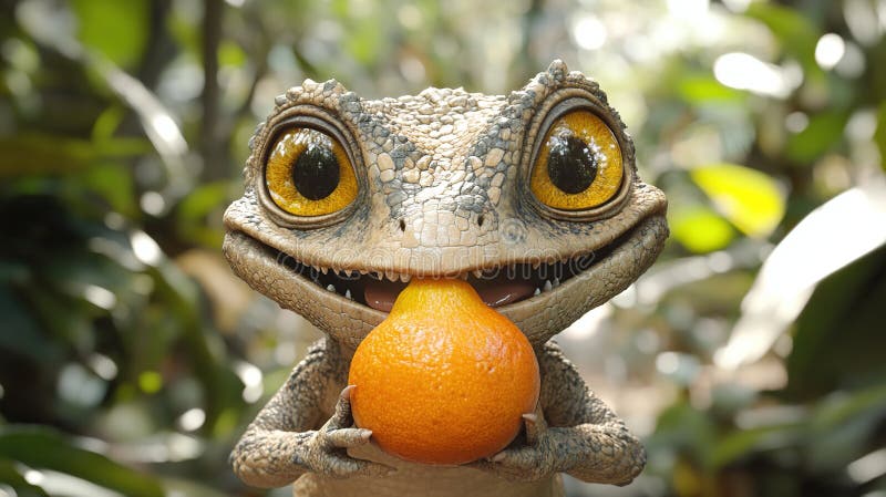 Cute Lizard Eating an Orange in a Jungle Setting Stock Illustration ...