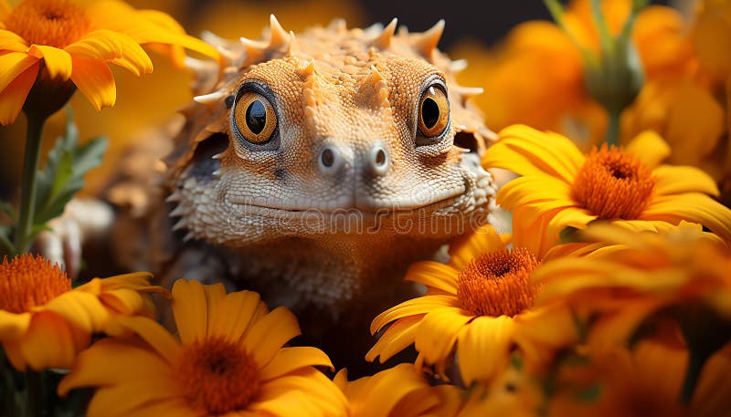Cute Lizard Looking at Camera, Surrounded by Vibrant Flowers Generated ...