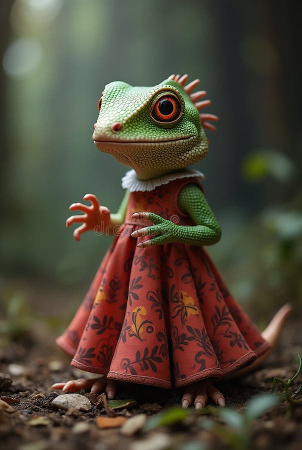 Cute lizard in a red dress stock image. Image of dress - 342370877