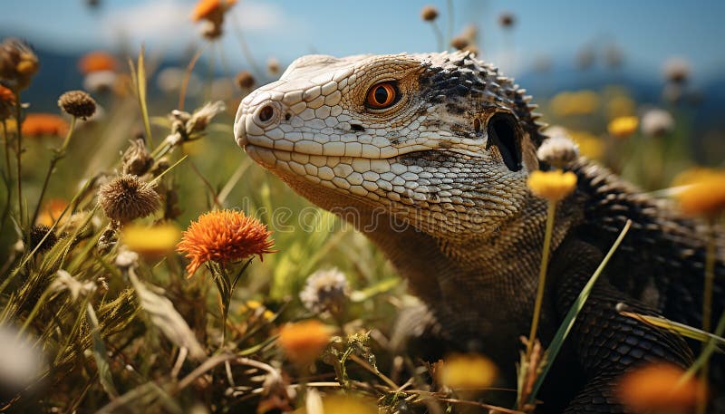Cute Lizard in the Wild, Looking at Yellow Flower Generated by AI Stock ...