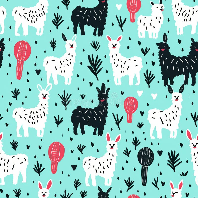 Cute Llama Seamless Pattern Design Colorful Llama Illustrations With Lines And Hearts Funny