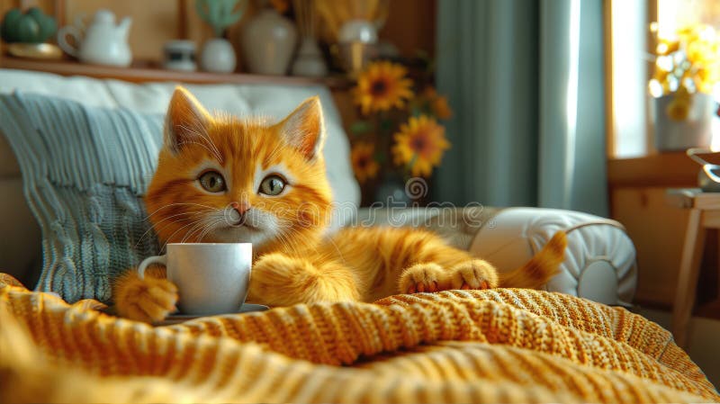 Cute Lofty 3D Character Cat Drinking Coffee on the Sofa Wrapped in a ...