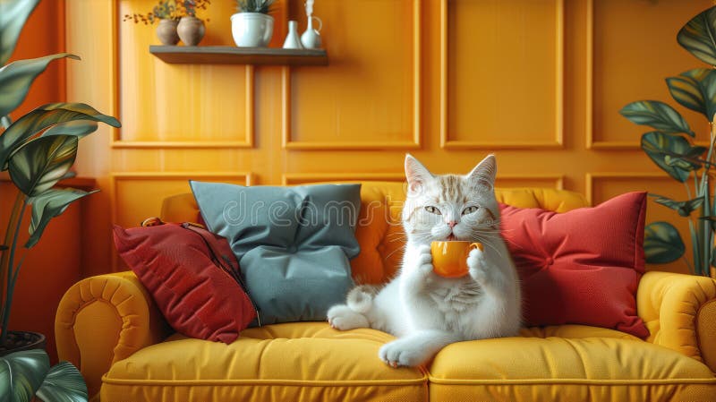 Cute Lofty 3D Character Cat Drinking Coffee on the Sofa Wrapped in a ...