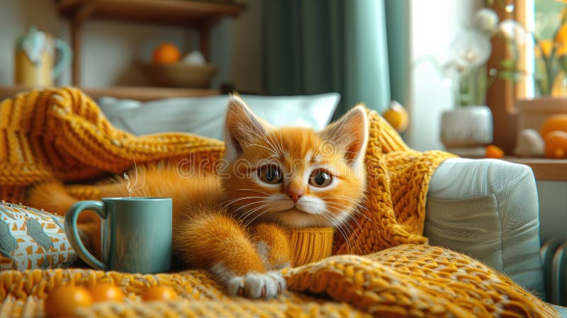 Cute Lofty 3D Character Cat Drinking Coffee on the Sofa Wrapped in a ...
