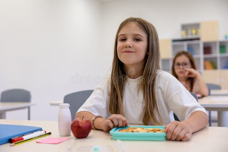 Cute Long-haired Girl Having Lunch at School Stock Image - Image of ...