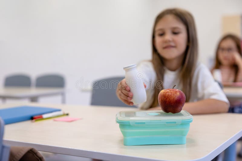 Cute Long-haired Girl Having Lunch at School Stock Image - Image of ...