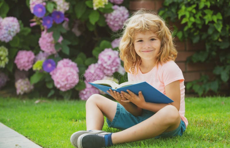 Cute Lovely Child Reading Book Outside. Kid Read Book in Park. Stock ...