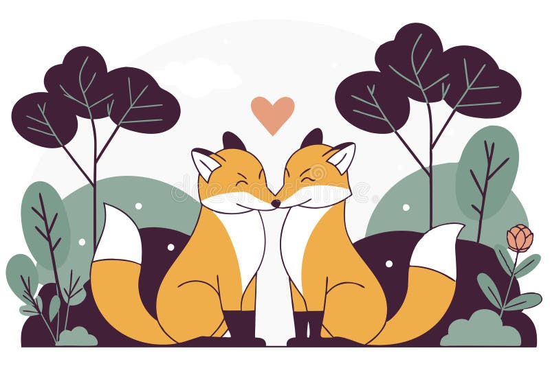 Cute Loving Fox Couple in the Forest Cartoon Stock Vector ...