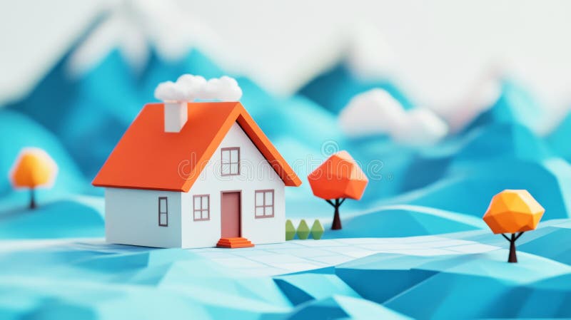 Cute Low-poly House in a Vast Open Space with Stylized Mountains and a ...