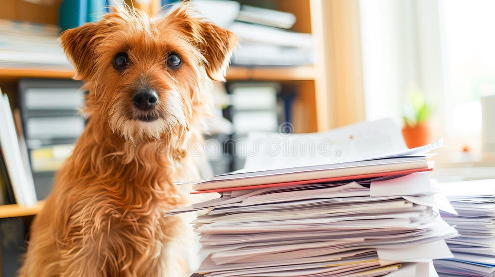 Cute and Loyal Dog Sitting beside Stacks of Professional Documents on a ...