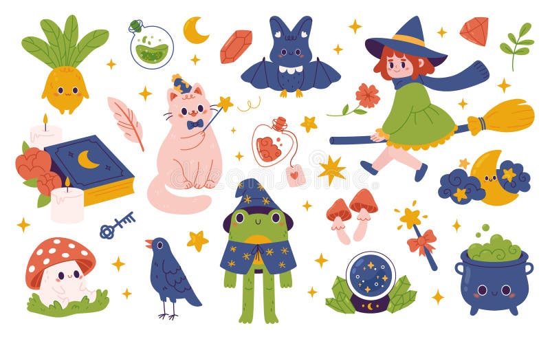 Cute magic set stock vector. Illustration of raven, broom - 317525843