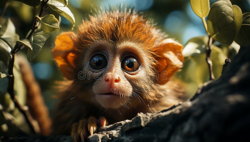 Cute Mammal Sitting on Branch, Looking at Camera, Fluffy Fur Generated ...