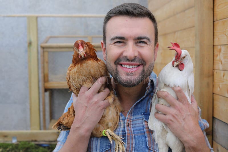 Cute Man Admiring His Chickens Stock Photo - Image of hens, feather ...
