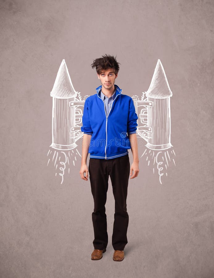 Cute Man with Jet Pack Rocket Drawing Illustration Stock Photo - Image ...