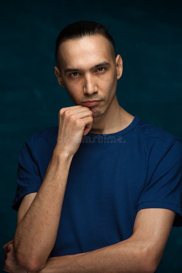 Cute Man Posing on Blue Background Stock Image - Image of indoors ...