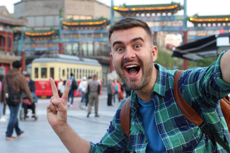 Cute Man Showing Peace Sign from Asia Stock Photo - Image of face ...