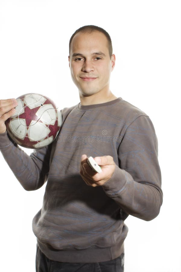 Cute Man with Soccer Ball and Remote Control. Stock Photo - Image of ...