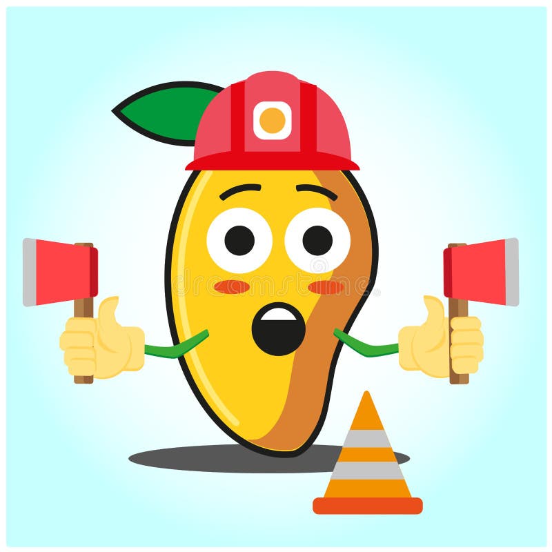 Cute Mango Fire Fighter Cartoon Face Character Holding Axes Design ...