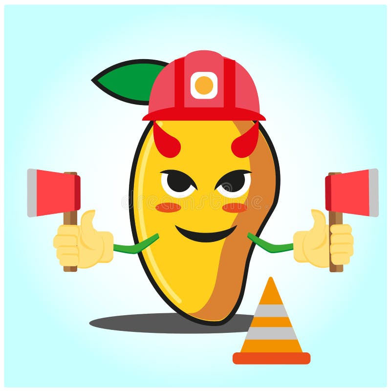 Cute Mango Fire Fighter Cartoon Face Character Holding Axes Design ...