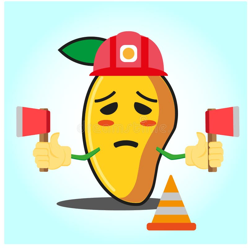 Cute Mango Fire Fighter Cartoon Face Character Holding Axes Design ...