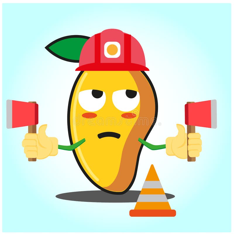 Cute Mango Fire Fighter Cartoon Face Character Holding Axes Design ...