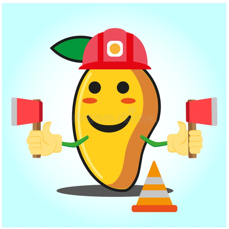 Cute Mango Fire Fighter Cartoon Face Character Holding Axes Design ...