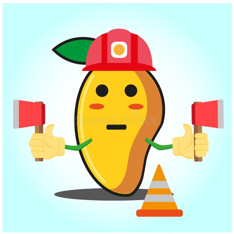 Cute Mango Fire Fighter Cartoon Face Character Holding Axes Design ...