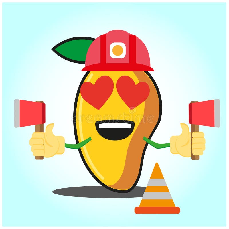 Cute Mango Fire Fighter Cartoon Face Character Holding Axes Design ...