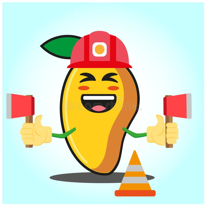 Cute Mango Fire Fighter Cartoon Face Character Holding Axes Design ...