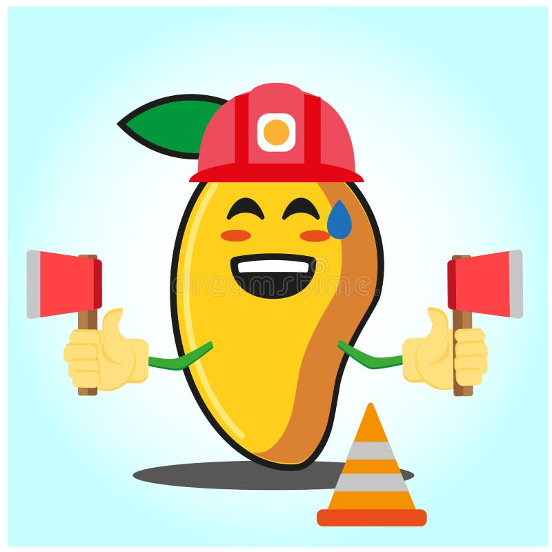 Cute Mango Fire Fighter Cartoon Face Character Holding Axes Design ...