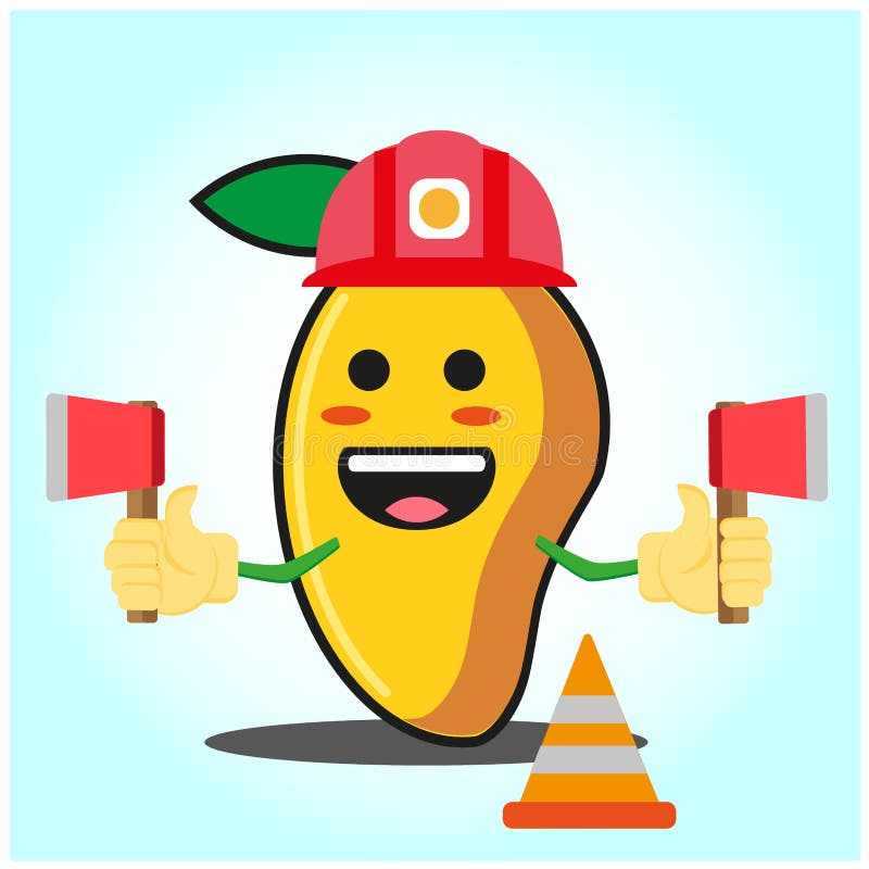 Cute Mango Fire Fighter Cartoon Face Character Holding Axes Design ...