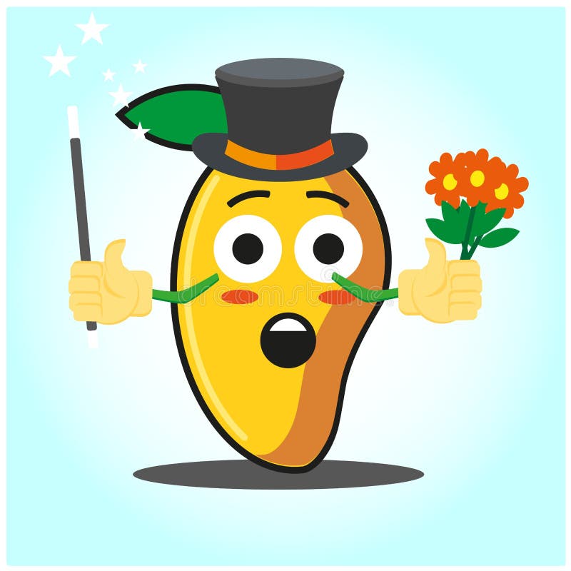Cute Mango Magician Cartoon Character with Magic Stick and Flowers ...