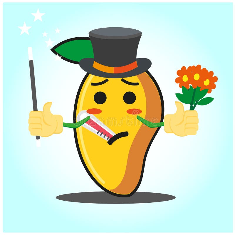 Cute Mango Magician Cartoon Character with Magic Stick and Flowers ...