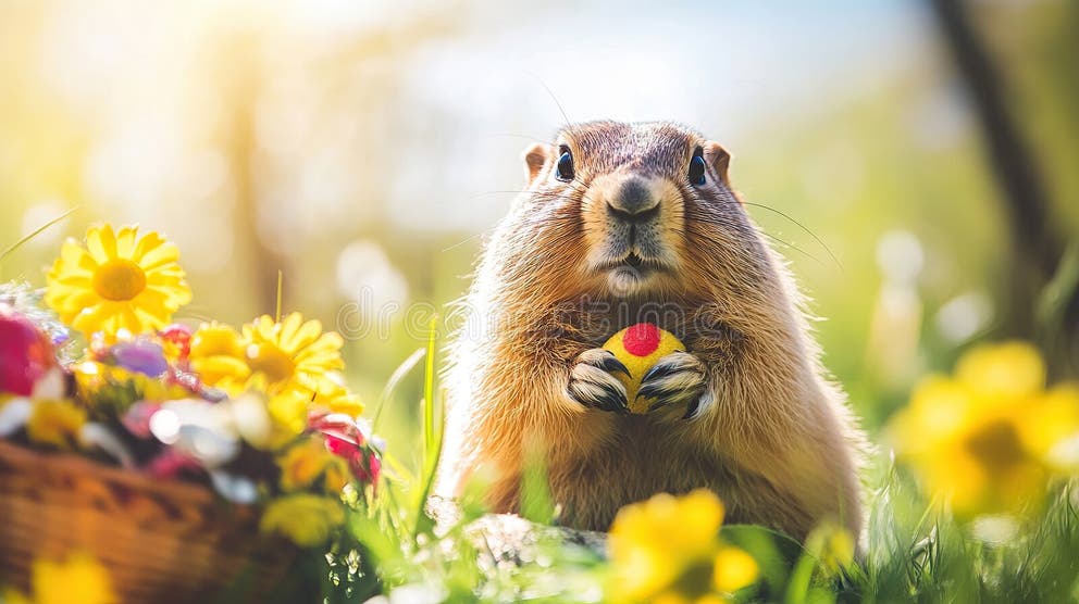 Cute Marmot Holding Easter Egg in Spring Flowers Stock Illustration ...