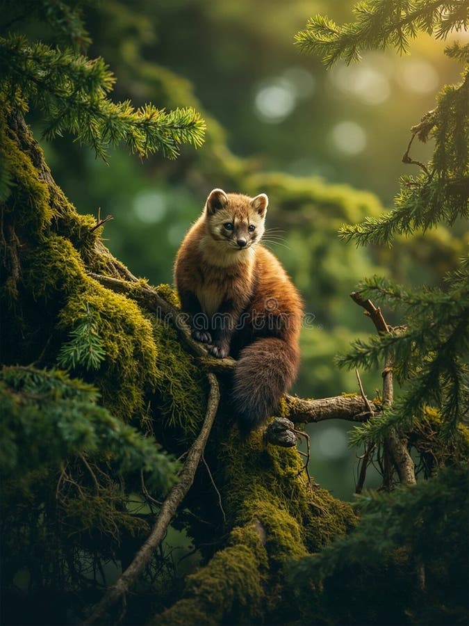 Cute Marten Sitting on Mossy Tree. Stock Photo - Image of calm, mammal ...