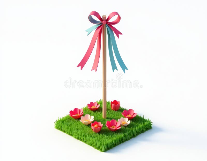 Cute Maypole with Pink and Blue Ribbons and Flowers in 3D Render Stock ...