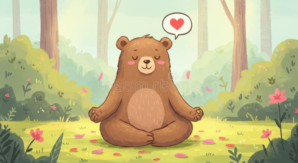 Cute Meditating Bear in Tranquil Forest Setting with Heart Thought ...