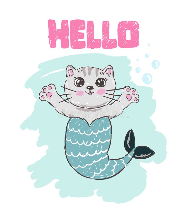 Cute Mermaid Cat. Cartoon Illustration of a Little Kitten with Mermaid ...