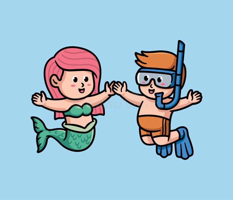 Cute Mermaid and a Diver Illustration Stock Vector - Illustration of ...