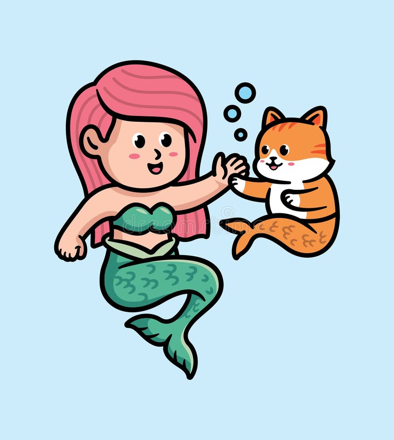 Cute Mermaid Having Fun with Cats Stock Illustration - Illustration of ...