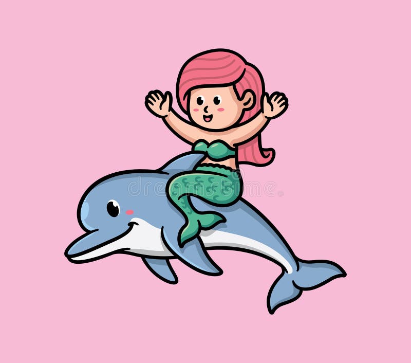 Cute Mermaid Riding a Dolphin Illustration Stock Vector - Illustration ...