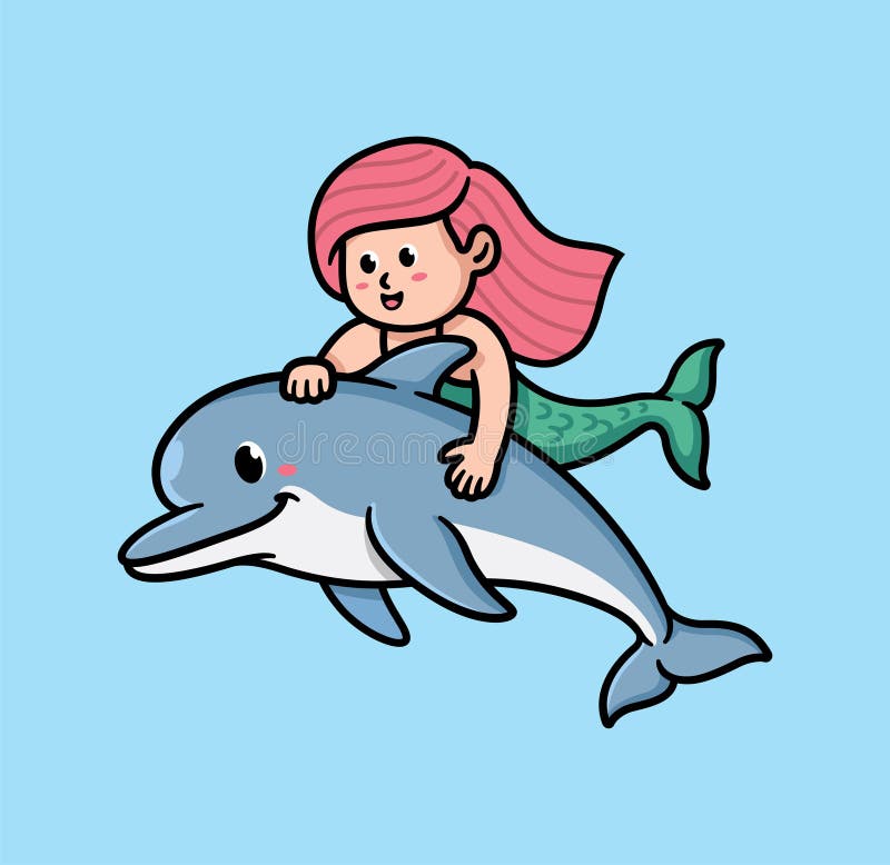 Cute Mermaid Swimming with Dolphins Stock Vector - Illustration of ...