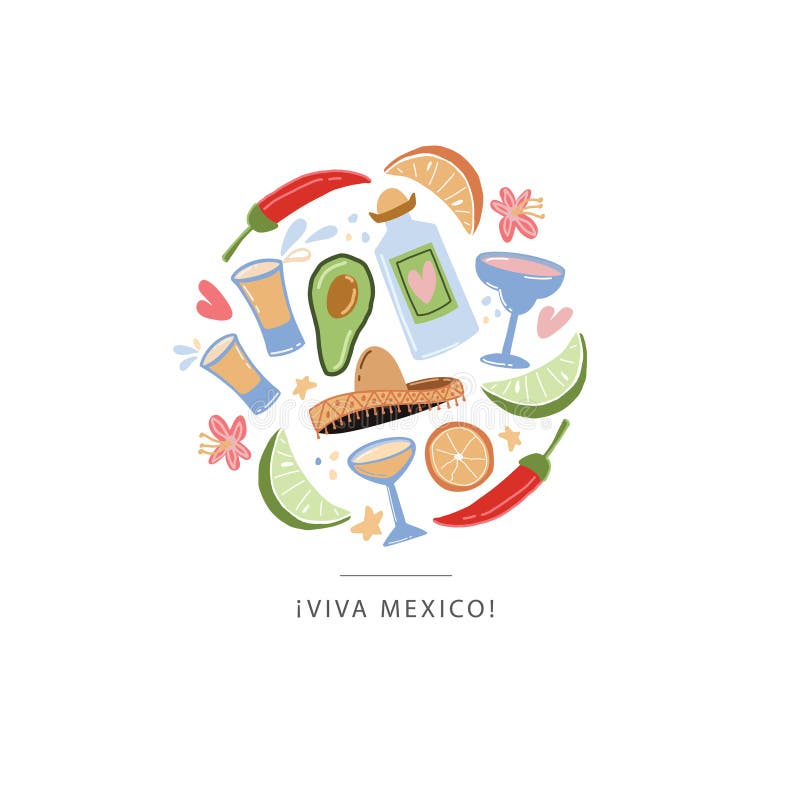 Cute Mexican Objects with Text Viva Mexico. Translation Long Live ...