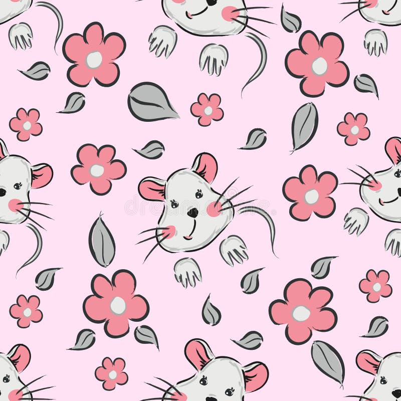 Cute Mice or Mouse on Pink Seamless Pattern Stock Vector - Illustration ...