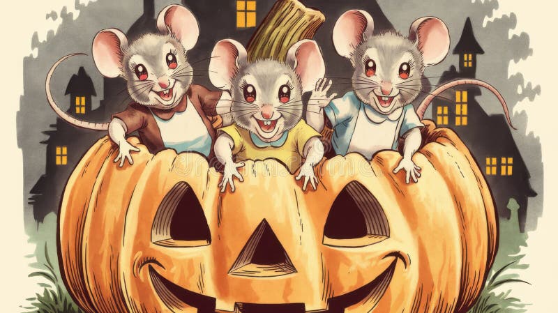 Cute Mice in Pumpkin Halloween Image with Spooky Background Stock ...